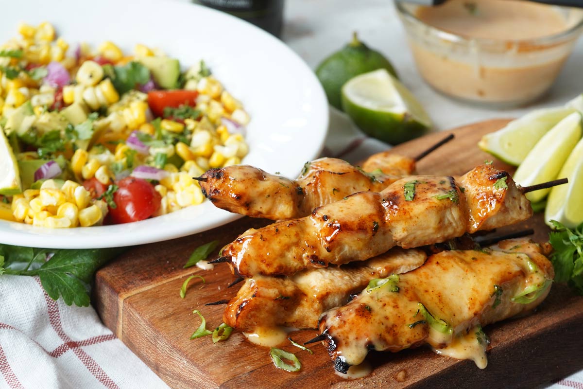 Bang Bang Chicken Skewers & Tomato Corn Salad - A Food Lover's Kitchen