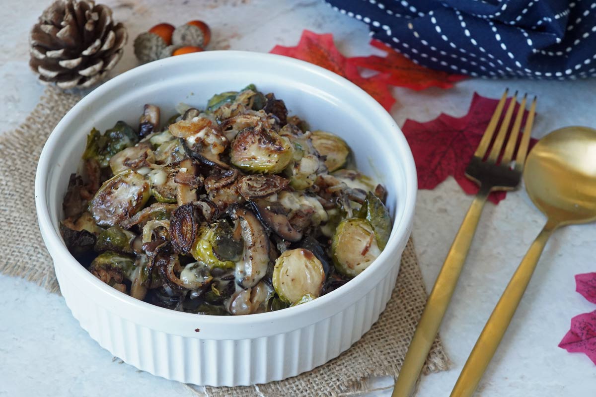 Roasted Brussels Sprouts with Creamy Mushrooms - A Food Lover's Kitchen